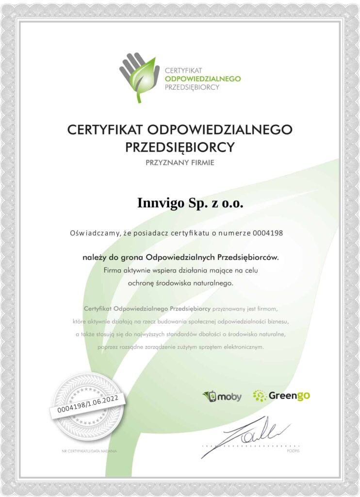 Certyfikat Odpowiedzialnego Przedsiębiorcy - wybieram INNVIGO